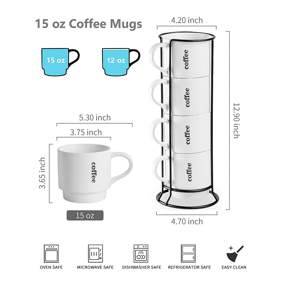 LAUCHUH Coffee Mugs Set of 4, 15 Ounce Stackable Coffee Mugs with Rack Latte Cup Porcelain Mugs for Coffee, Tea, Hot Cocoa, Milk, Dishwasher & Microwave Safe for Christmas, White