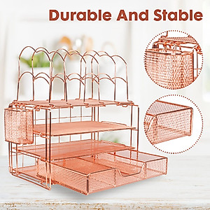 Barelove Rose Gold Desk Organizer with Pen Holder, 4-Trays Mesh Paper Letter File Sorter with 5 Upright Document Rack & Drawer, Desktop Metal Storage Magazine Folder for Home Office School Supplies