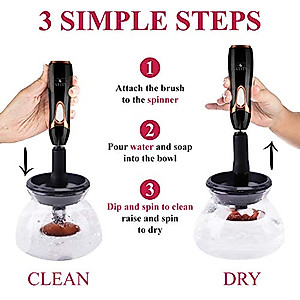 Electric Makeup Brush Cleaner Machine with FREE Makeup Cleaner Shampoo - Automatic Makeup Brush Washing Machine and Spinning Dryer with Rubber Collars - Clean, Rinse and Dry in Seconds