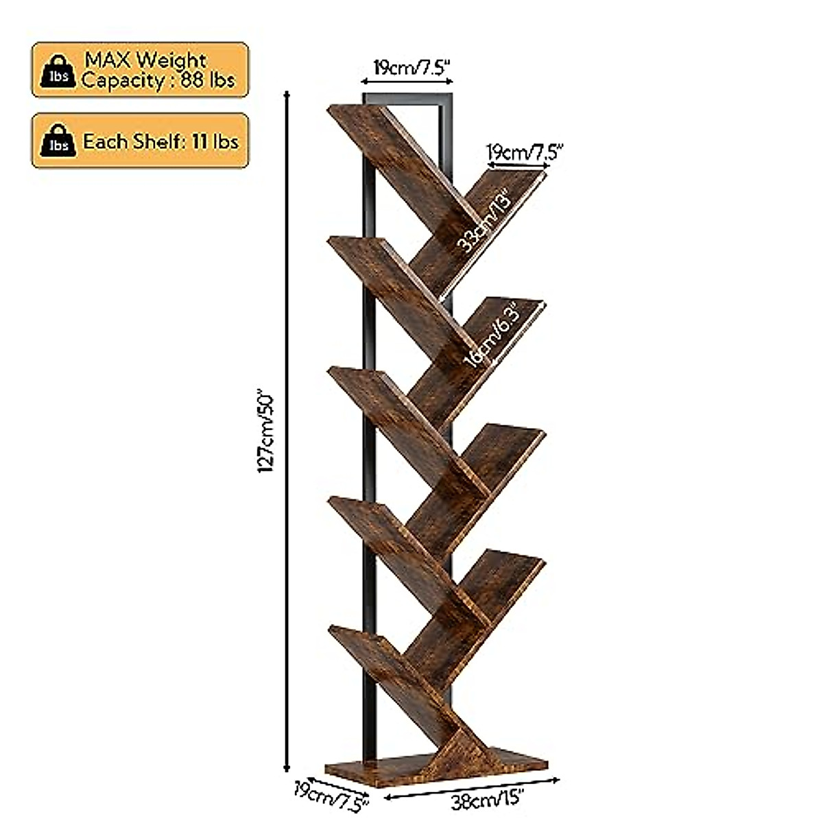Yusong Tree Bookshelf, Geometric Bookcase with Steel Pipe for Living Room Bedroom, Floor Standing Shelves for Home Office (Rustic Brown, 9 Tier)