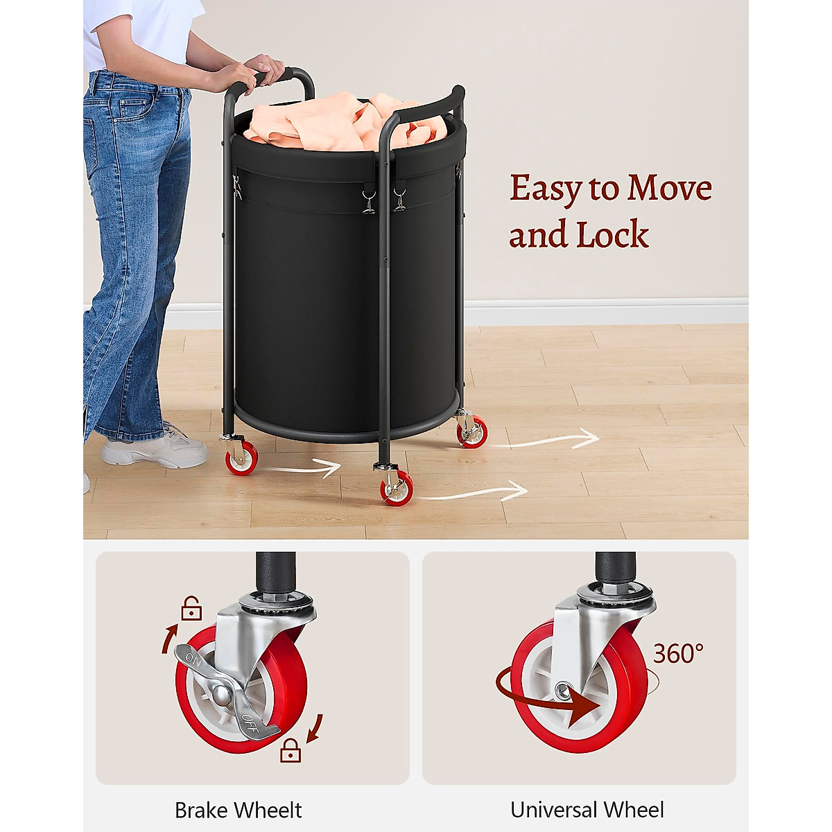 Laundry Basket with Wheels, Rolling Laundry Hamper, 50 Gal. (190L), Round Laundry Sorter Cart with 4 Casters, Removable Liner, Steel Frame with Handle for Bedroom, Bathroom, Laundry Room