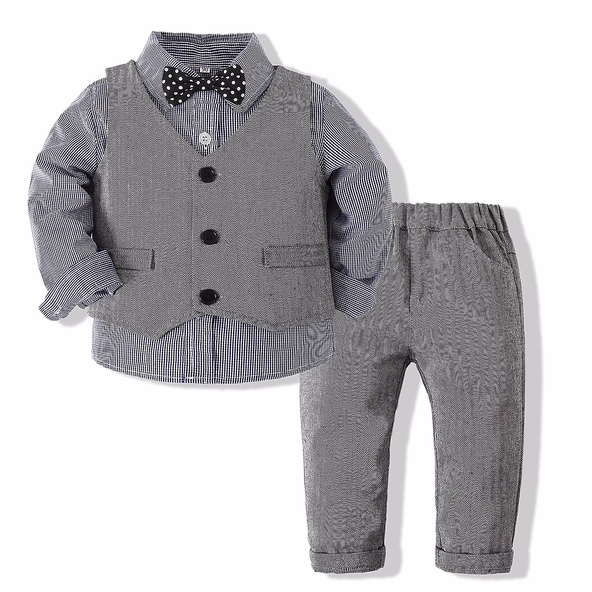 Xiangwu Textitle Baby Boy Gentleman Set with Dress Shirt+Bow Tie+Vest and Pants 3PC Set, Gray Plaid, 18-24 Months