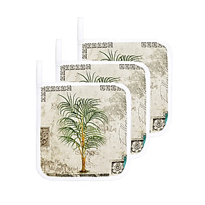 3 Pack Pot Holders for KitchenGreen Palms Trees Vintage Linen Heat Proof Potholder Hot Pads Trivet,Tropical Plants Retro Floral Washable Coaster Potholders for Cooking Baking Grilling