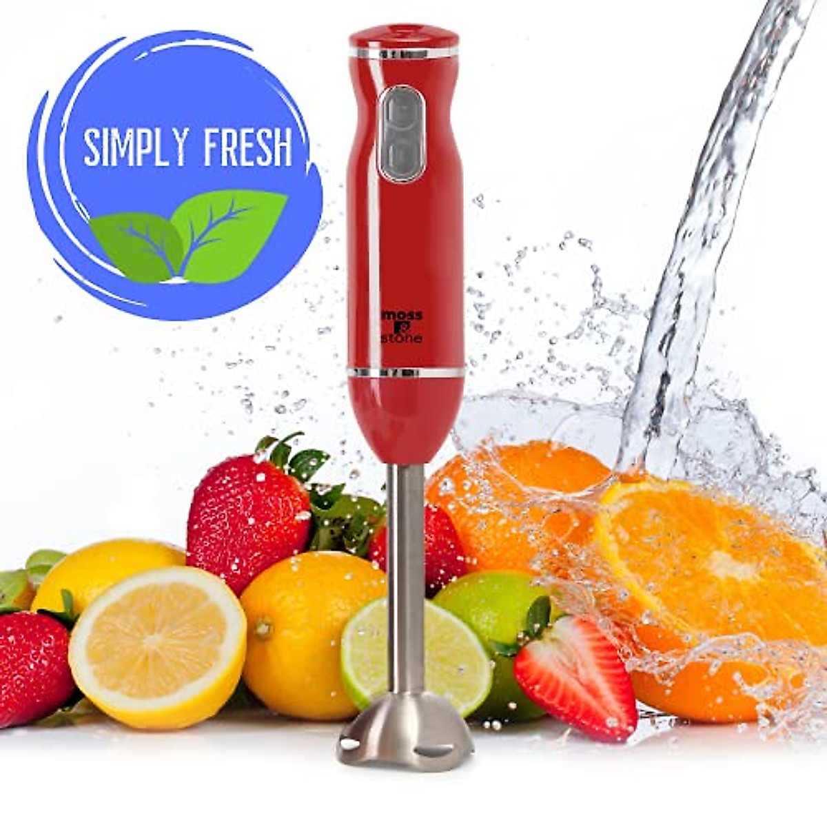 Moss & Stone Hand Blender Electric - With Egg Whisk & Chopper, Powerful 300- Watt - Immersion Hand Blender, Hand Mixer Set Stainless Steel Shaft & Blades, Handheld Blender With Ergonomic Handle, Red Blender