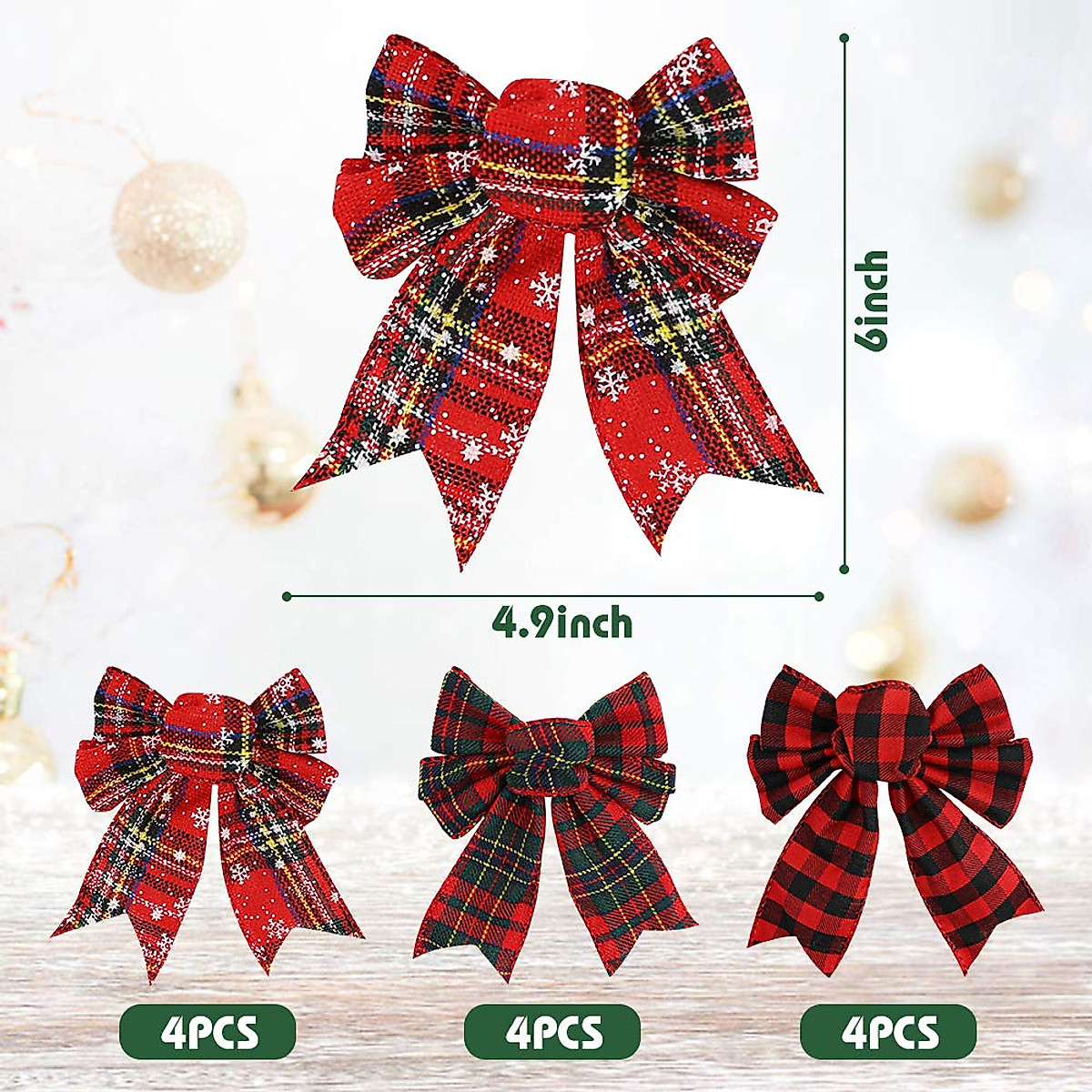 JOHOUSE Red Buffalo Plaid Bows 12PCS Christmas Tree Bows Christmas Wreath Bow for Christmas Outdoor Decorations