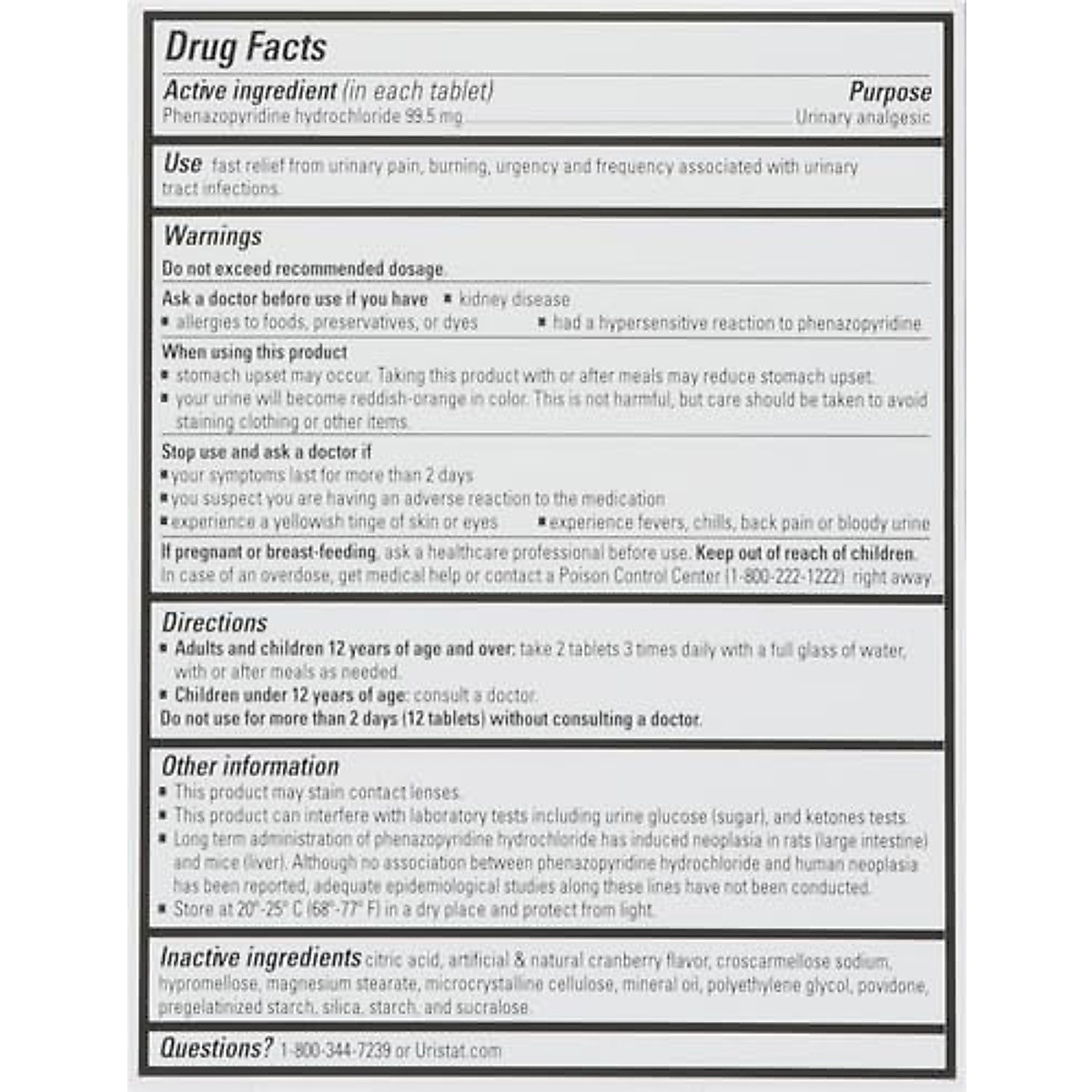 Uristat Ultra UTI Pain Relief Tablets, Fast Urinary Tract Infection Relief of Urinary Pain, Burning, Urgency, Maximum Strength, Cranberry Flavored Coating, 30 Tablets