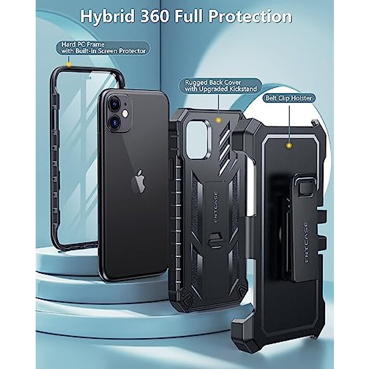 FNTCASE for iPhone 11 Phone Case: for iPhone XR Case with Kickstand & Holster Shockproof Military Grade Protective Cover - Dual Layer Full Protection Sturdy Matte Textured Drop Proof - 6.1 Inch Black