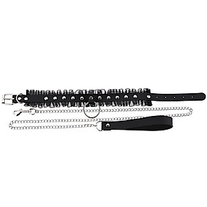 FM FM42 Black PU Simulated Leather Silvert-Tone Rivets O Ring Lace Collar Choker Necklace with Detachable Chain Leash