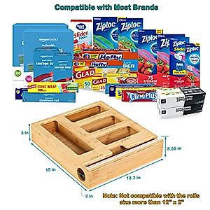 MillTu Ziplock Bag Storage Organizer for Kitchen Drawer, 5 in 1 Bamboo Food Storage Bag Organizer with Plastic Wrap Organizer, Compatible with Gallon, Quart, Sandwich, Snack Bag ＆ Kitchen Rolls