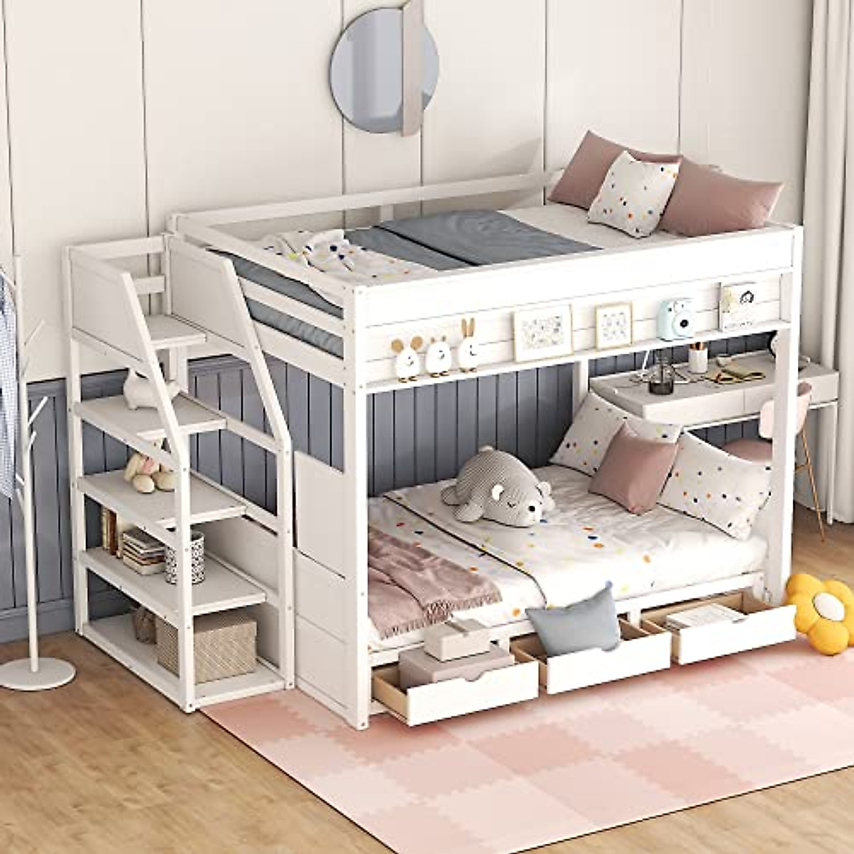 SOFTSEA Full Over Futon/Full Bunk Bed with Storage Staircases, Convertible Couch and Bed with Drawers, Wood Bunk Bed Frame for Kids Teens, No Box Spring Needed (White)