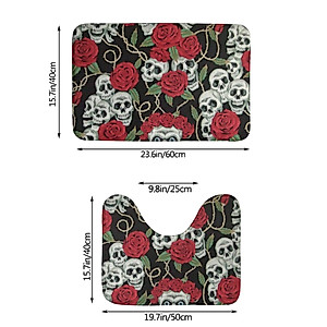 SWEET TANG Super Soft Bathroom Toilet Rug Set 2 Piece, High-Density Foam Contour Bath Mats Intage Red Rose Skull - Non Slip Absorbent Bathroom Mat & U Shaped Toilet Floor Rug