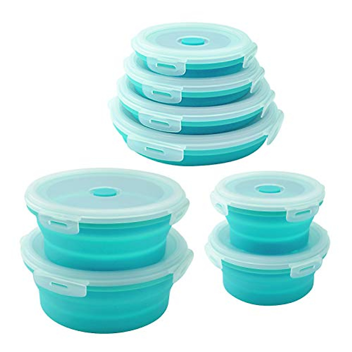 Cvwjz Silicone Collapsible Food Storage Containers,Set of 4 Round Folding Silicone Lunch Box,Microwave and Freezer Safe (Blue)