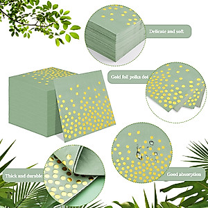 100 Pcs Sage Green Napkins Disposable - Sage Green Cocktail Napkins - 3-Ply Gold Dot Sage Paper Napkins for Birthday Anniversary Dinner Bridal Wedding Party Supplies