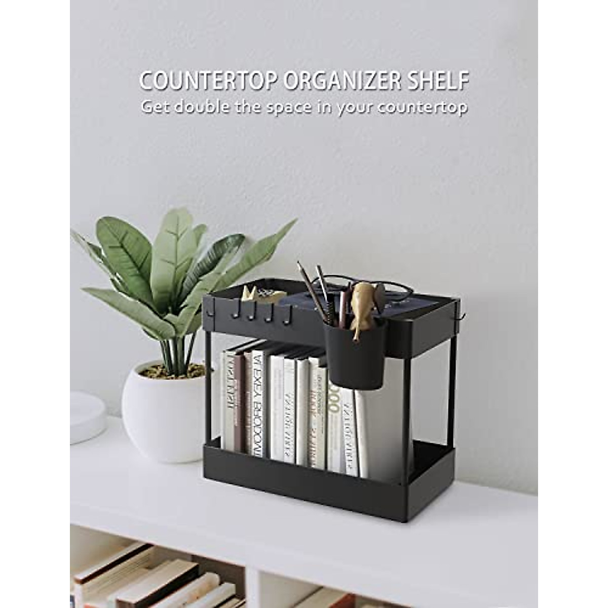 Axbima 2 Tier Under Sink Organizer, Under Bathroom Sink Storage, Under Kitchen Sink Shelf Rack with 2 Hanging Cups & Hooks for Cabinet Countertop Bathroom Laundry Garages (Black)