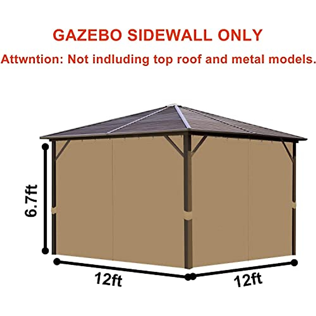 12'x12' Gazebo Curtains Outdoor Waterproof, Universal Replacement Curtain 4-Panels, Sidewalls with Zipper for Garden, Patio, Yard (Only Curtains)