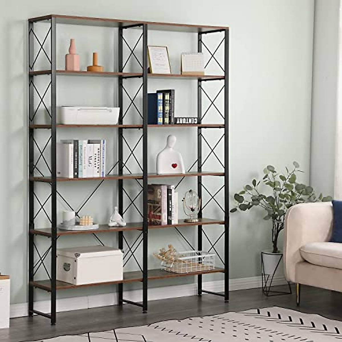 MELLCOM Double Wide 6-Tier Bookshelf, Industrial Open Large Bookcase, Wood and Metal Tall Bookshelves for Living Room Bedroom Office, Rustic Brown