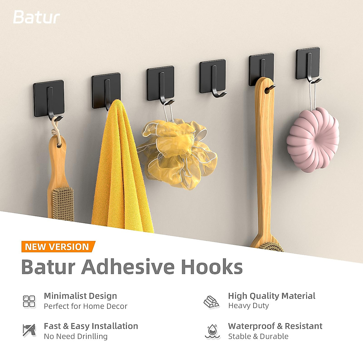 Batur Towel Hooks, 6 Pack Improved Adhesive Hooks, Wall Hooks for Hanging Heavy Duty, Waterproof Shower Hooks for Wall, Towel Holder Hanger Wall Mounted, Towel Racks for Bathroom, Kitchen, Bedroom
