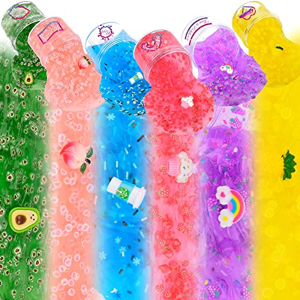 Clear Slime Kit 6 Pack, Premade Crunchy Slime Set DIY Birthday Slime Party Favors for Girls Boys 10-12, Non Sticky Jelly Cube Slime Cute Charms, Peach Cake Avocado Pineapple Crystal Clear Slime Kit