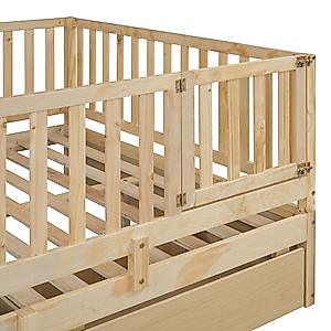 HomSof Full Size Wood Daybed with Fence Guardrails and 2 Drawers, Split into Independent Floor Bed & Daybed, Natural