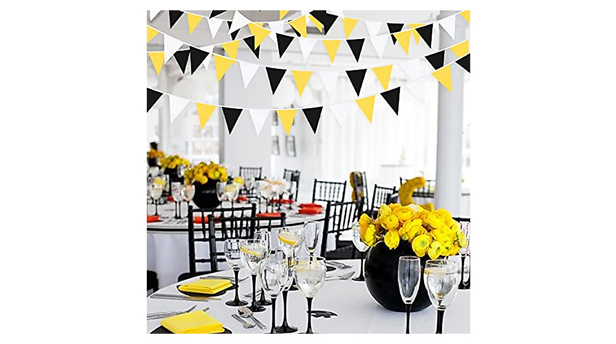 Brighten Events with 36-Piece Yellow Black White Pennant Banner