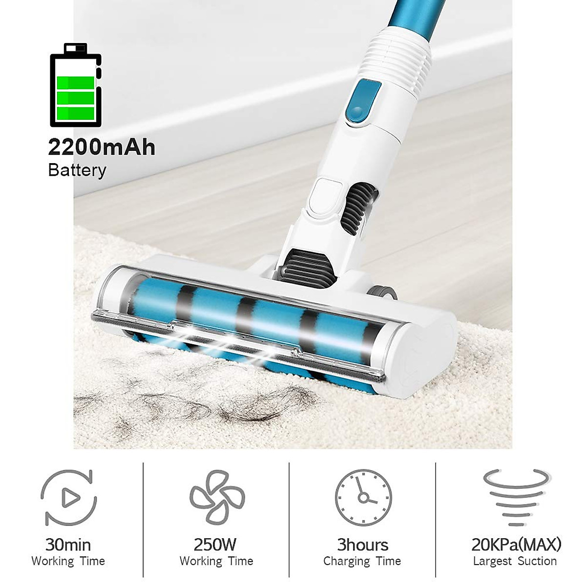 LUCKWIND Stick Vacuum Cleaner Handheld Cordless Electric Broom – Powerful Suction HEPA Filteration Lightweight Upright Rechargeable for Carpet Floor Car LED Bagless Portable(22kpa, Blue)