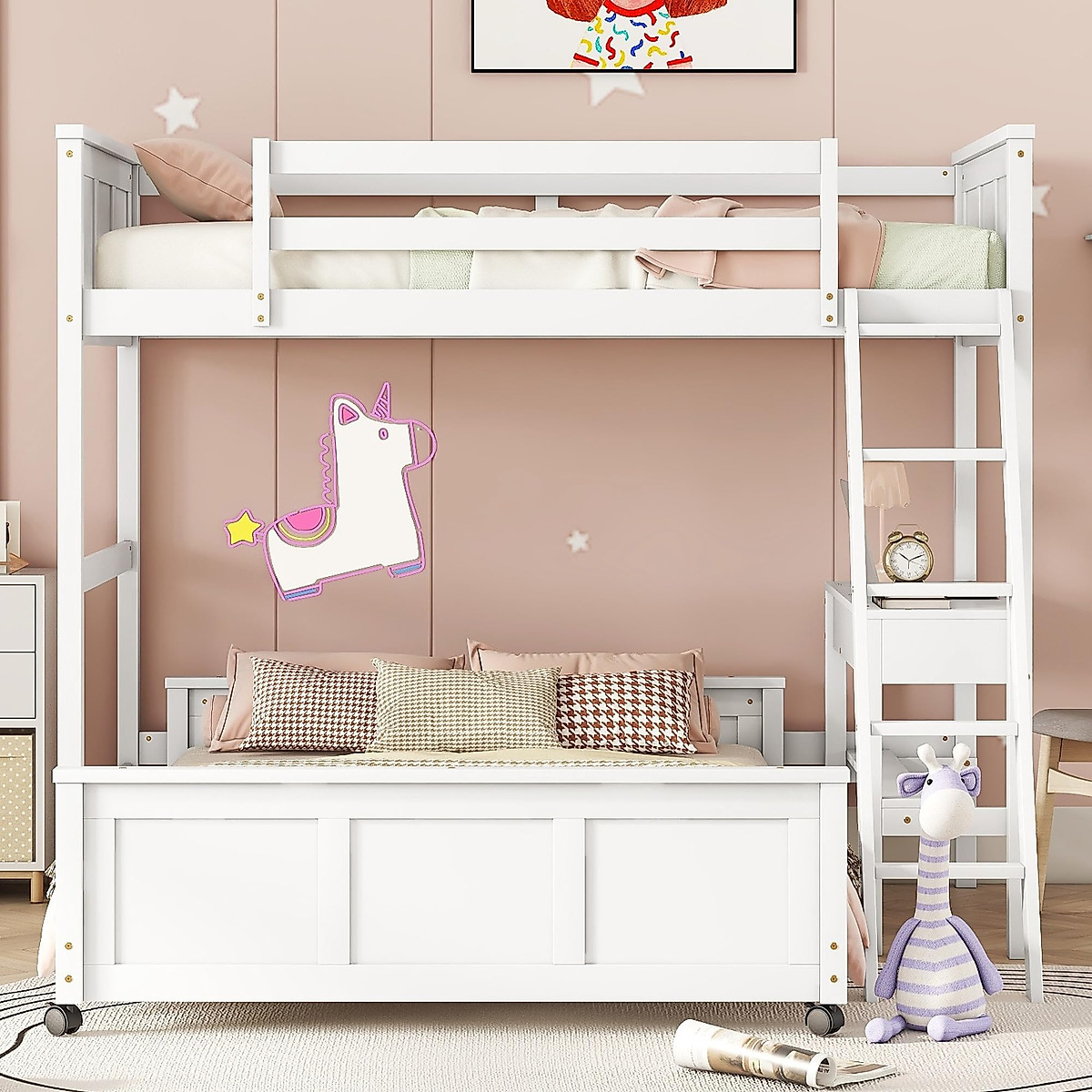 Harper & Bright Designs Twin Over Full Bunk Beds with Desk and Drawers, Wood Twin Size Loft Bed with Removable Full Platform Bed Frame, Bunk Bed with Ladder for Kids Girls Boys, White