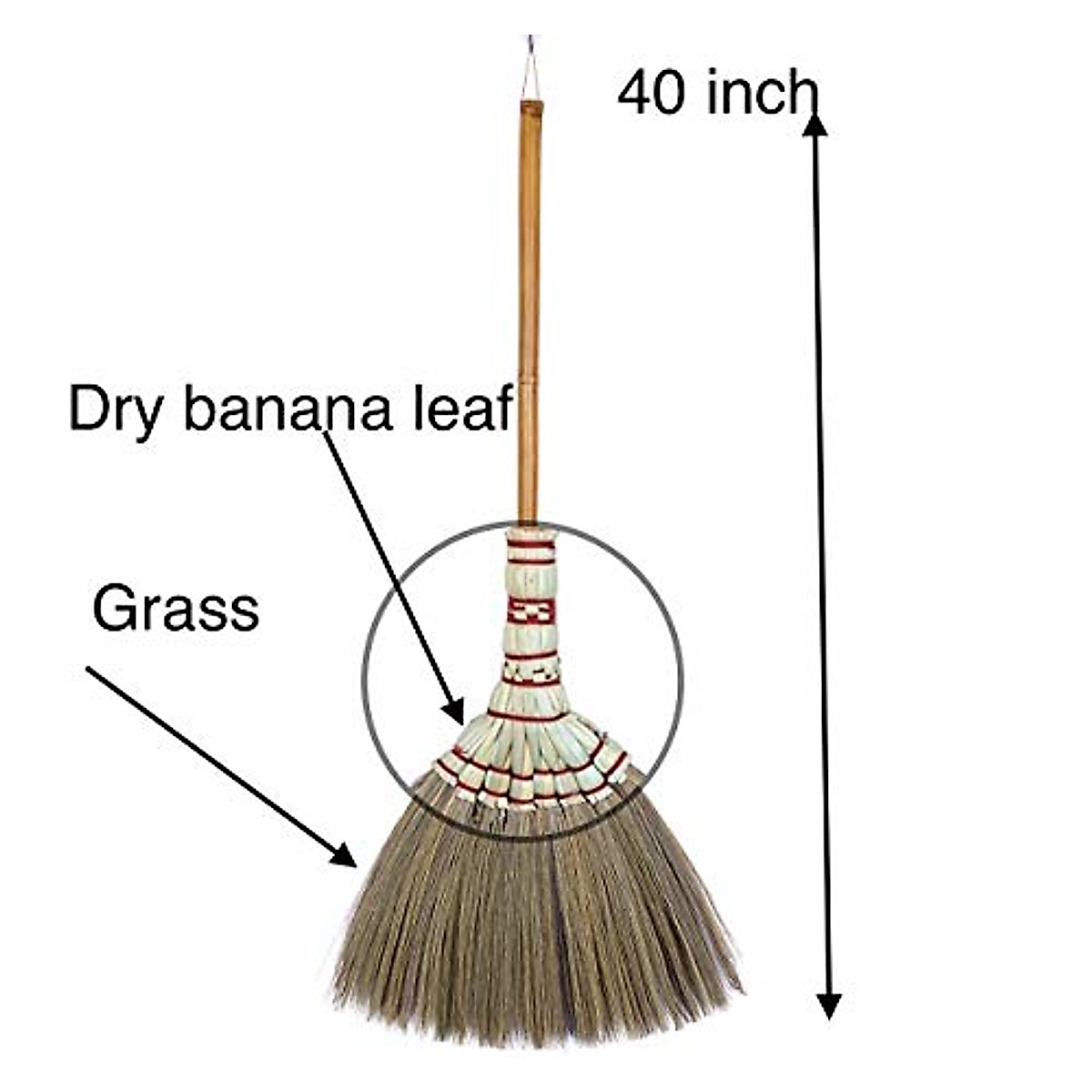 SKENNOVA - Thai Vintage Retro Grass Broom Stick, Long Handle Hand Grip The Reed Tree with Grass Durable Broom Housewarming Gifts Asian Broom 40 inch (Kong Grass, Length 40 inch)