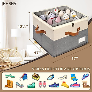 LZOTIC Shoe Organizer for Closet, Adjustable Shoe Box Storage Containers, Large Foldable Shoe Storage Bins with Clear Cover, Space Saving Shoes Holder with 4 Handles, Fits 8-16 Pairs, 1 Pack, Beige