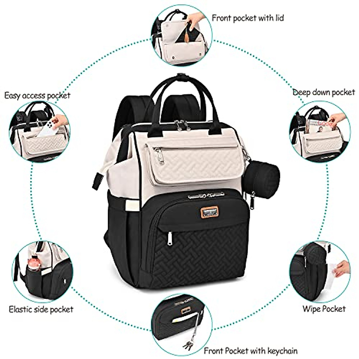 BabbleRoo Diaper Bag Backpack, Multifunction Large Bags with Changing Pad & Stroller Straps & Pacifier Case, Unisex Stylish Travel Back Pack Nappy Changing Bag for Moms Dads(Black Apricot)