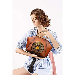 Genuine Leather Handbags for Women, Organizer Top Handle Satchel Vintage Embossing Totem Shoulder Bag Medium