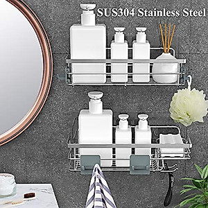 Nieifi Shower Caddy with Built In Soap Holder Dish with Hooks, Shower Shelf Organizer Basket Rack Storage Rustproof Adhesive Washroom Bathroom Shelves, Drill Free 2 Pack