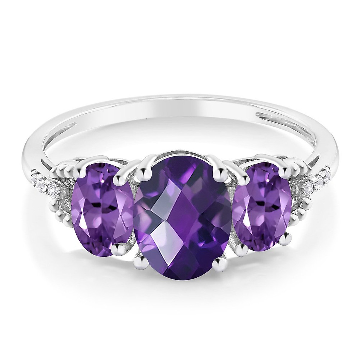 Gem Stone King 10K White Gold Oval Checkerboard Purple Amethyst and Diamond Accent 3-Stone Women Engagement Ring (1.75 Cttw, Gemstone Birthstone) (Size 7)