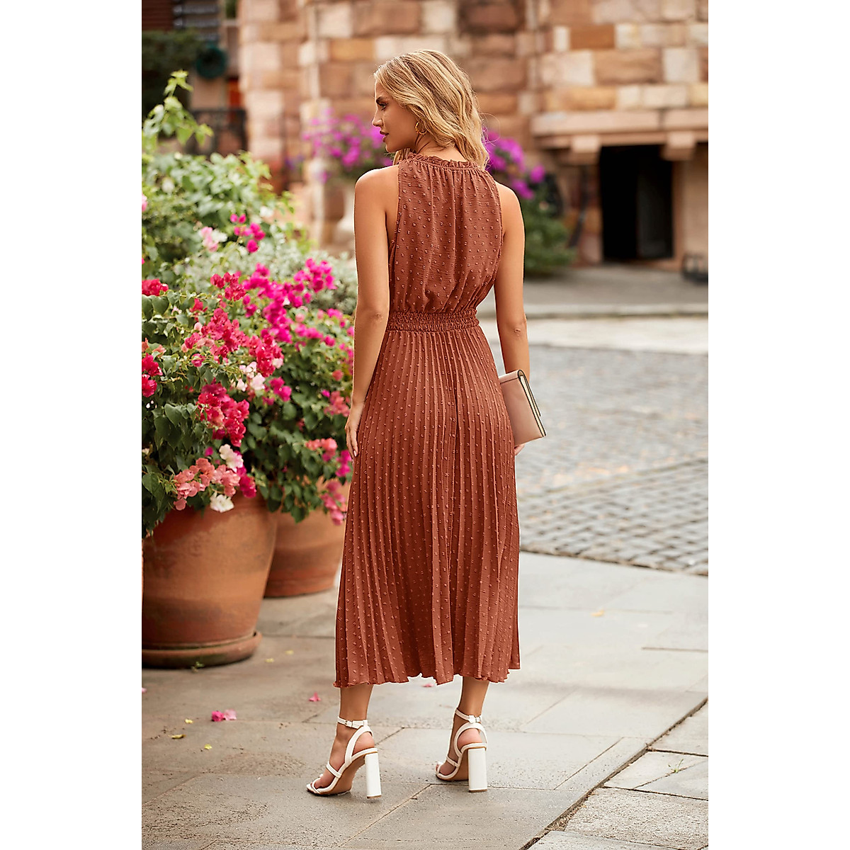 PRETTYGARDEN Women's Midi Summer Dresses Casual V Neck Swiss Dot Ruffle Sleeveless A Line Beach Sun Dress (Brick Red,Small)