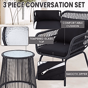wildformers 3 Pieces Rattan Wicker Bistro Set, Outdoor Conversation Set, Wicker Furniture Set with Glass Top Table, Space Saving for Balcony, Backyard, Black