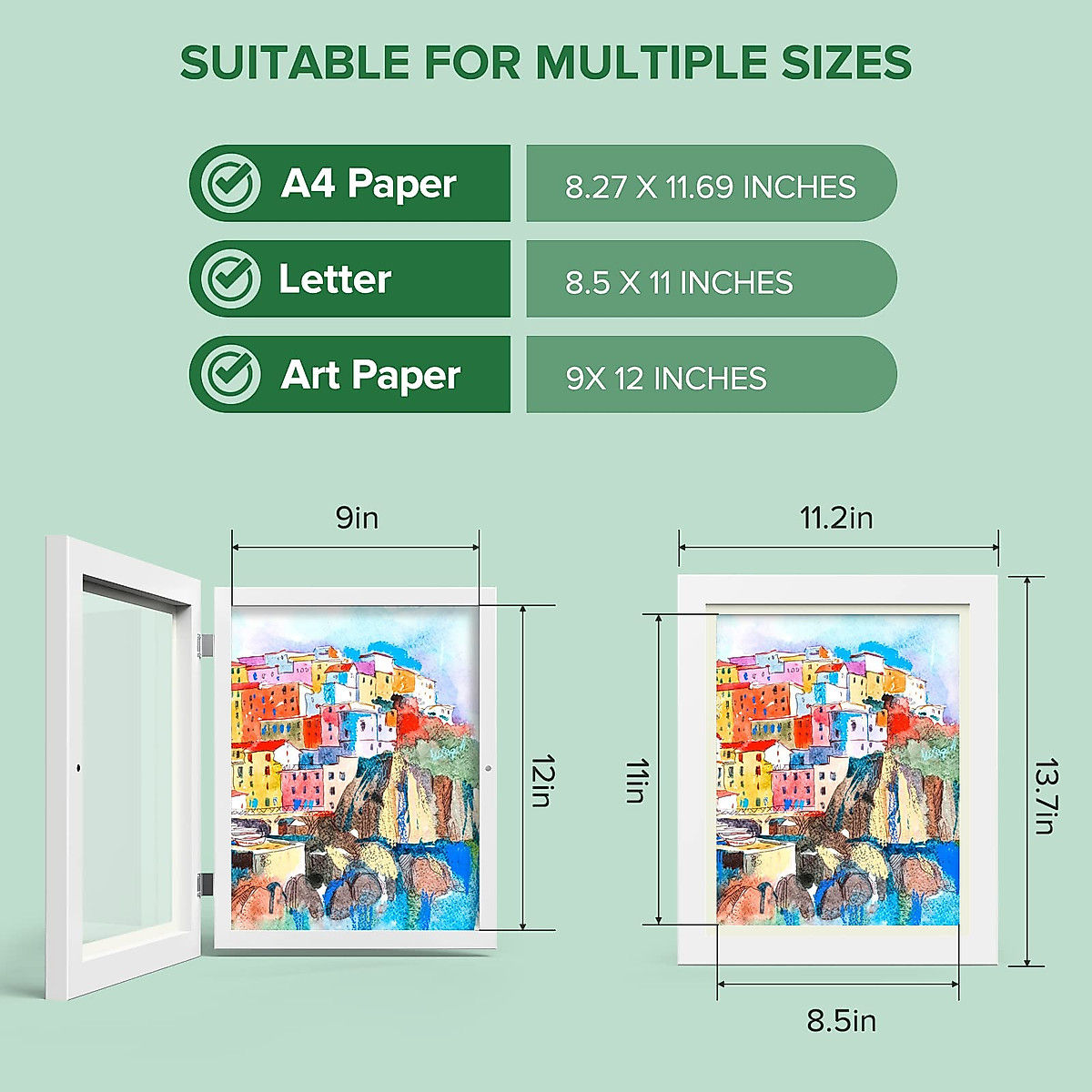 Hsypti Kids Art Frame, White, 8.5 x 11 inches (with Mat), 9 x 12 inches (without Mat), Modern, Plastic, Single Picture Frame, Rectangular, Space Theme, Easy Picture Change, Wall Mount or Tabletop