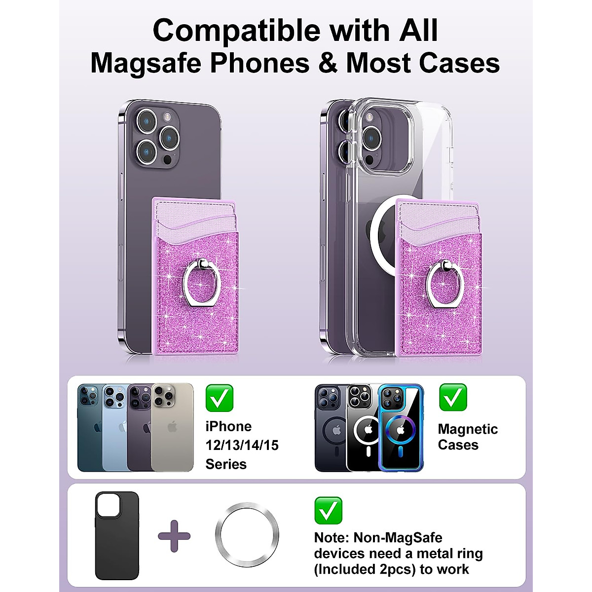 Anfauny MagSafe Phone Wallet - Leather Magnetic Cell Phone Wallet Card Holder with 360°Rotation Ring Phone Stand & RFID Blocking Compatible with iPhone 15/14/13/12 Series & MagSafe Cases - Purple