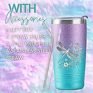 Onebttl Dragonfly Gifts, Dragonfly Coffee Travel Mug for Dragonfly Lovers, Men, Women, Daughter - Stainless Steel 20Oz Tumbler Glitter Purple and Blue