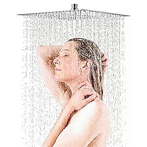 Hibbent All Metal Rain Shower Head, High Pressure 16 Inch Large Rainfall Showerhead, Stainless Steel Square Bathroom Shower Head with Adjustable Brass Ball Joint, Self-cleaning Silicon Nozzle, Chrome