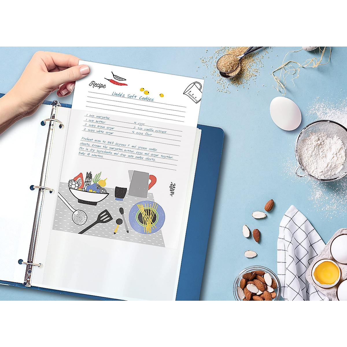 Recipe Sheet Protectors Full Page, 8.5 x 11 inch, 30 Pack, Heavyweight, Top Load, by Better Kitchen Products, Page Protector Binder Sheets, 3-Hole Punched, for Recipe Binders, 30 Pack