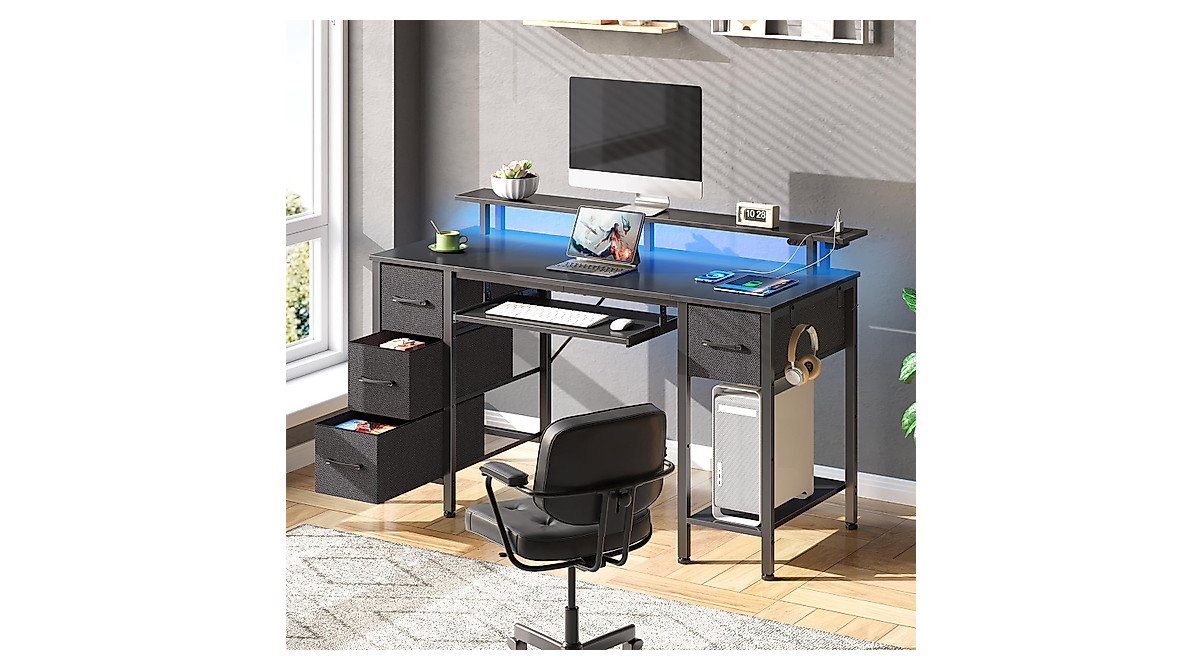 Seventable Computer Desk with LED Lights & Power Outlets | Home Office ...