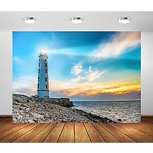 BELECO 7x5ft Fabric Seaside Lighthouse Backdrop for Photography Lighthouse Searchlight Beam Sunset Seascape Scenery Background Nautical Party Decorations Studio Booth Photo Props