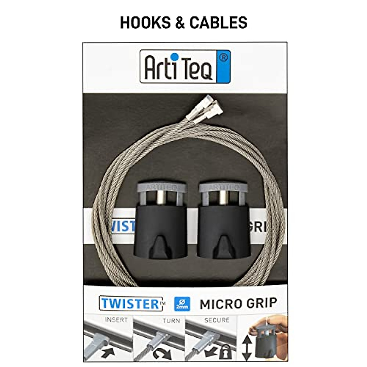 Add-on for Picture Rail Hanging System Kit – (2) Twist Steel Cables (48-in) & (2) Picture Rail Hooks – Strong Metal Hanging Cables & Hooks for Hanging Picture Frames, Arts & Paintings at Home & Office