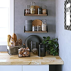 Wallniture Floating Shelves Bathroom Storage Wall Mount Home Decor Bedroom Kitchen Laundry Room Organizer with Black Brackets and Natural Burned Rustic Wood Shelves Set of 2