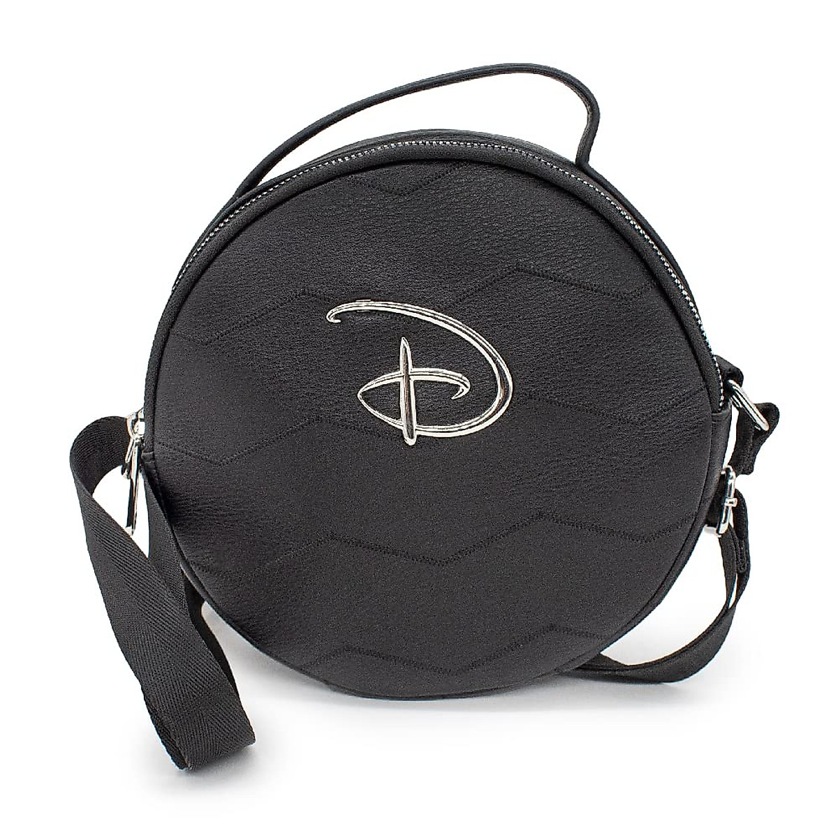 Disney Bag, Cross Body, Round, Signature D Logo, Silver Emblem, Chevron Zig Zag Stitch, Black, Vegan Leather