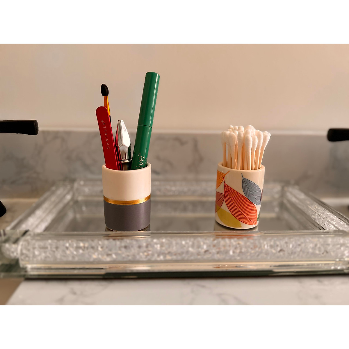 Home Haven Qtip Holder - Retro Leaves Design - Q Tip Holder for Bathroom, Bathroom Vanity Decor, Floss Pick Holder, Cotton Swab Holder, Bathroom Sink Decor, Flosser Holder, Cute Bathroom Decor