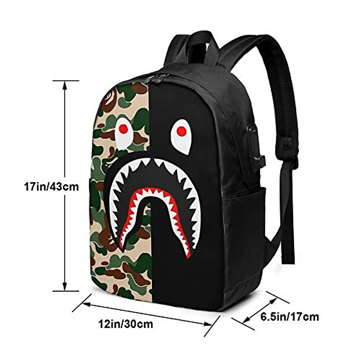 Unisex 17 Inch Laptop Backpack Waterproof Casual Camo Anime Shark Art Book Bags Backpack With Usb Charging/ Headphone Port, Back To School Gym Handbag