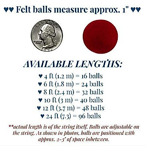 Red Felt Ball Garland- Christmas, Valentine's Day- 1" (2.5 cm) Wool Felt Balls