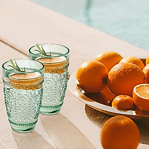 Bekith 4 Pack Colored Romantic Drinking Glasses, 14.5 oz Tall Water Glasses, Embossed Tumblers for Beverage, Beer, Soda, Cocktails, Vintage Glassware Set for Dinner Parties, Bars, Green