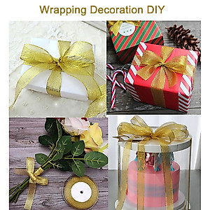 50 Yards Gold Glitter Ribbon 3/8 Inch, Sparkly Thin Solid Fabric Ribbon for Gift Wrapping, Crafts, Holiday Wedding Birthday Party Decoration Floral Bouquet, Metallic Gold Ribbon Roll