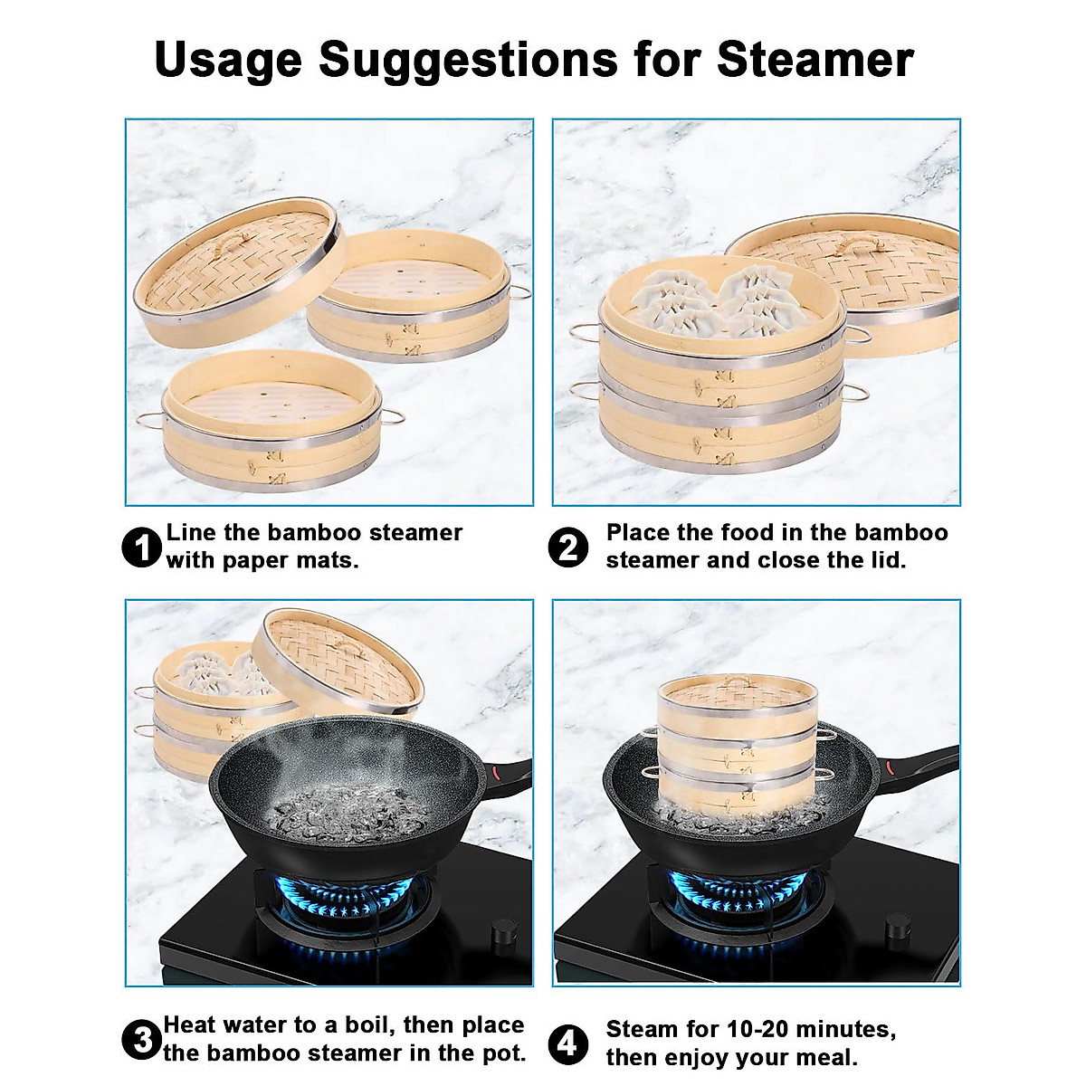 Niuirt Bamboo steamer basket set 8-inch, 2-tier dumpling steamer with side handles and 50pcs paper liners for buns, dim sum, dumplings, vegetables, and seafood.